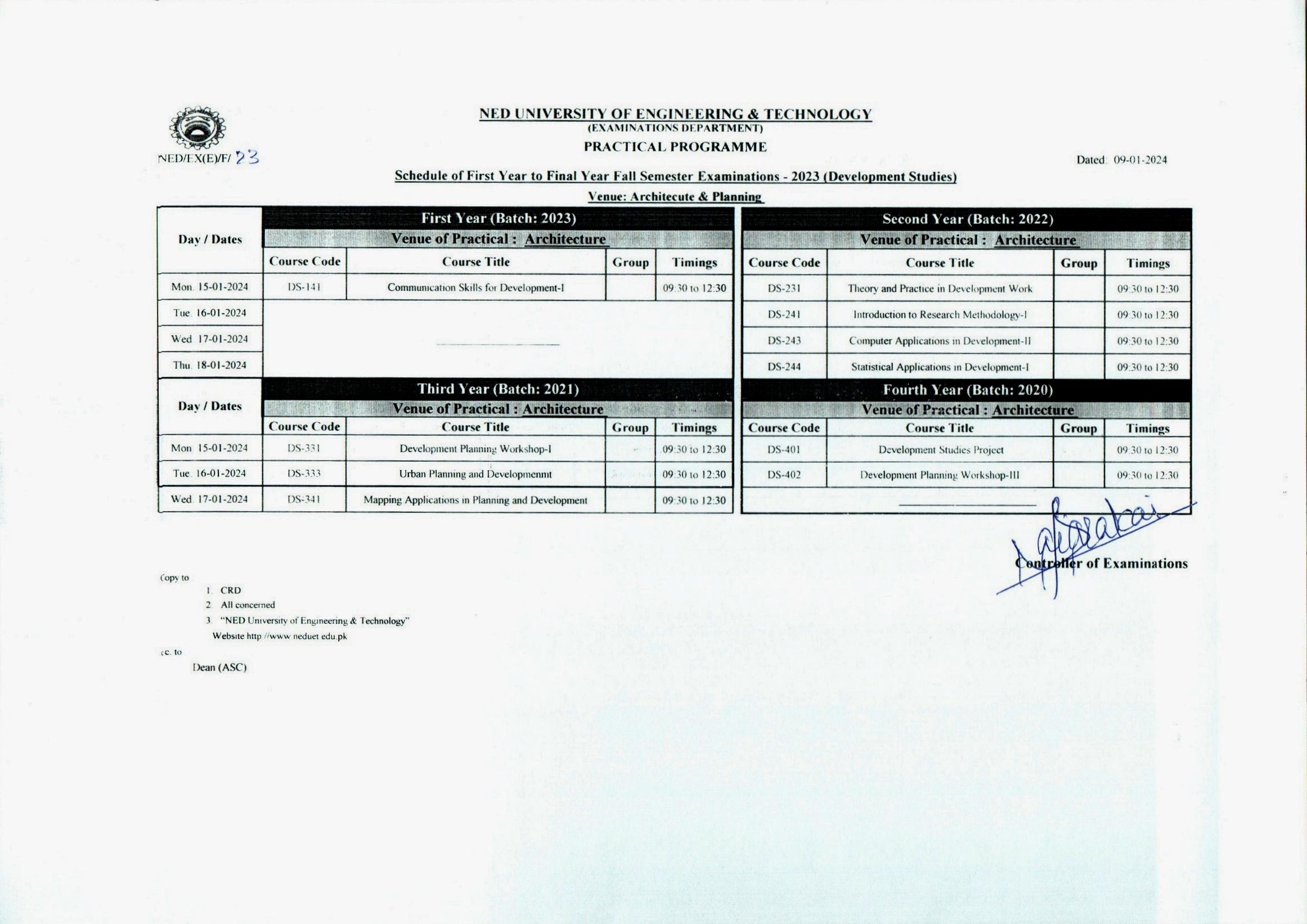 Examinations Schedules | NED University of Engineering & Technology
